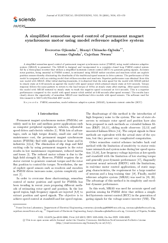 (PDF) A simplified sensorless speed control of permanent magnet synchronous motor using model ...