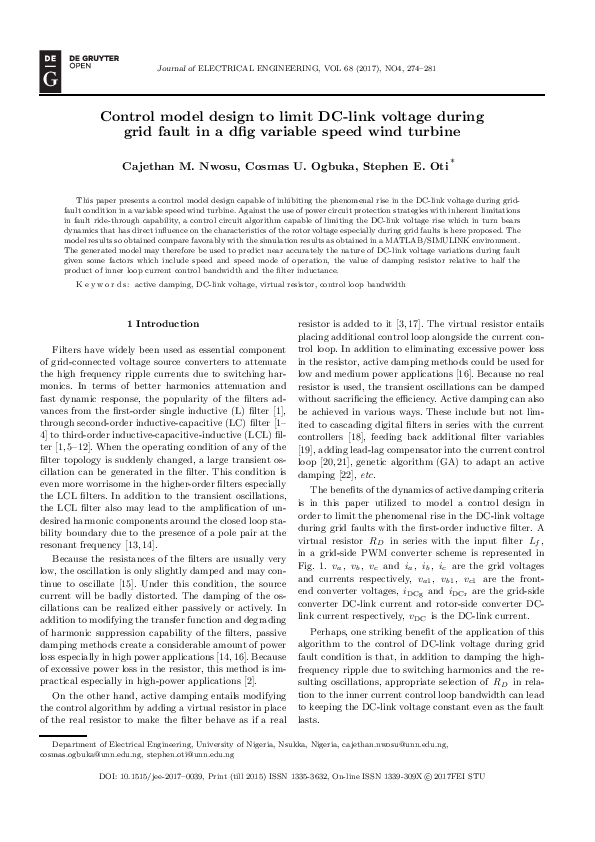 Pdf Control Model Design To Limit Dc Link Voltage During Grid Fault In A Dfig Variable Speed