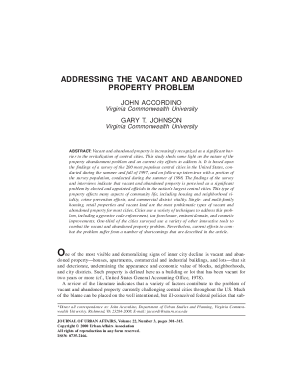(PDF) Addressing the Vacant and Abandoned Property Problem