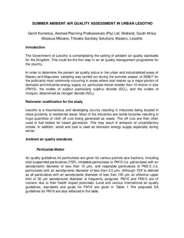 (PDF) Summer Ambient Air Quality Assessment in Urban Lesotho