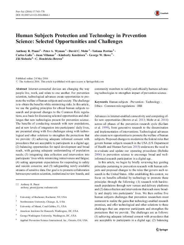 (PDF) Human Subjects Protection and Technology in Prevention Science ...