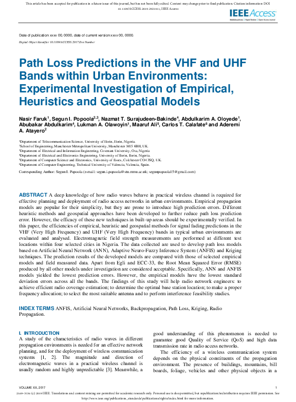 (PDF) Path Loss Predictions in the VHF and UHF Bands within Urban Environments: Experimental ...