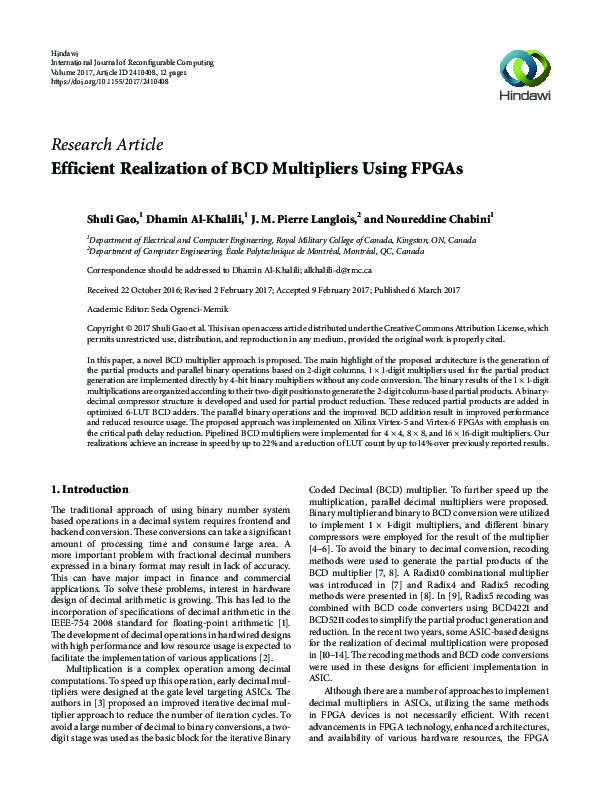 (PDF) Efficient Realization of BCD Multipliers Using FPGAs
