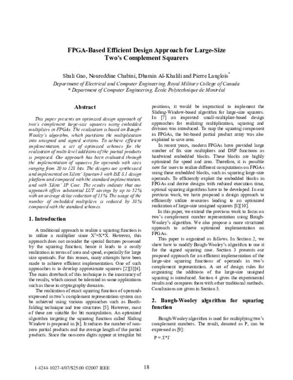(PDF) FPGA-Based Efficient Design Approaches for Large Size Two’s Complement Squarers