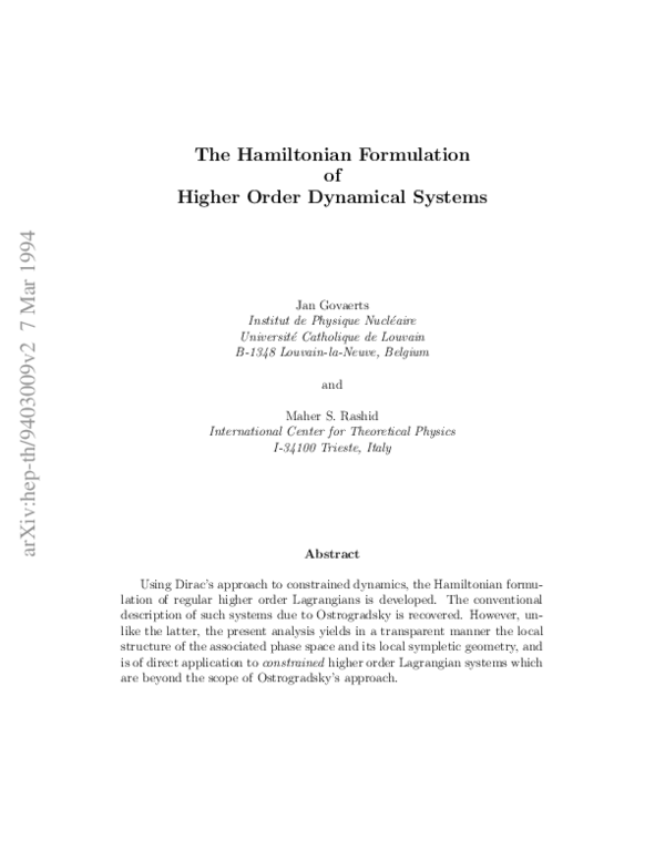 (PDF) The Hamiltonian Formulation of Higher Order Dynamical Systems