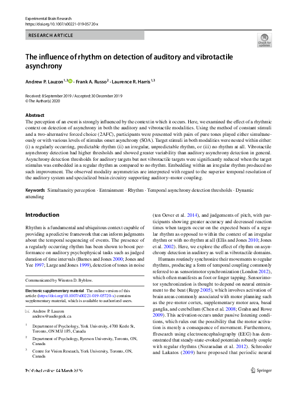 (PDF) The influence of rhythm on detection of auditory and vibrotactile asynchrony | Andrew P ...