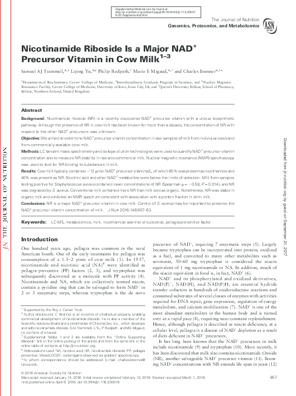 (PDF) Nicotinamide Riboside Is a Major NAD+ Precursor Vitamin in Cow Milk