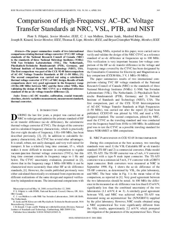 (PDF) Comparison of high-frequency AC-DC voltage transfer standards at ...