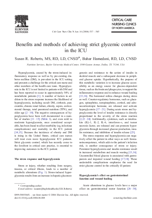 (PDF) Benefits and methods of achieving strict glycemic control in the ICU