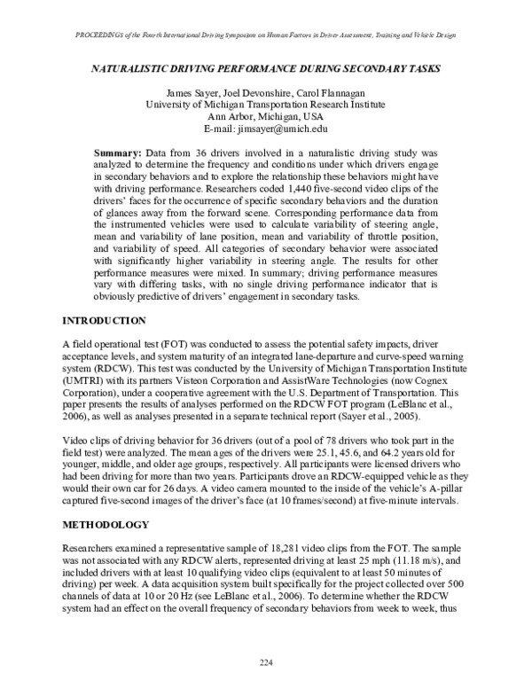 (PDF) Naturalistic Driving Performance During Secondary Tasks