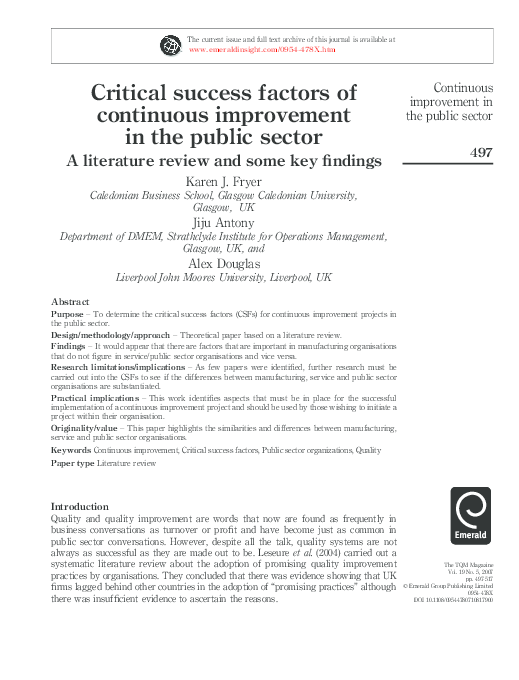 (PDF) Critical success factors of continuous improvement in the public sector