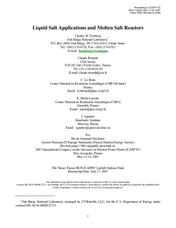 (PDF) Liquid Salt Applications and Molten Salt Reactors