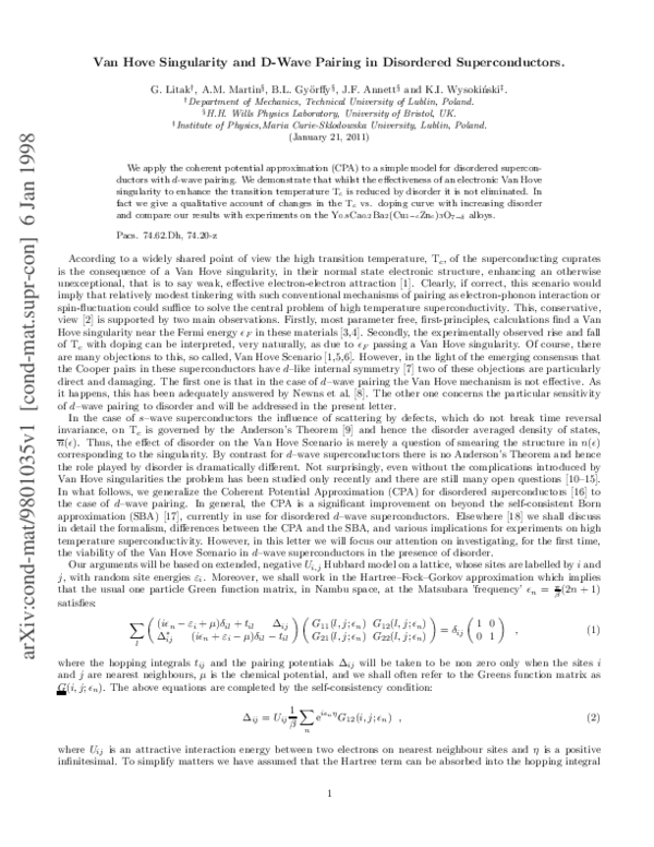 (PDF) Van Hove singularity and d-wave pairing in disordered superconductors
