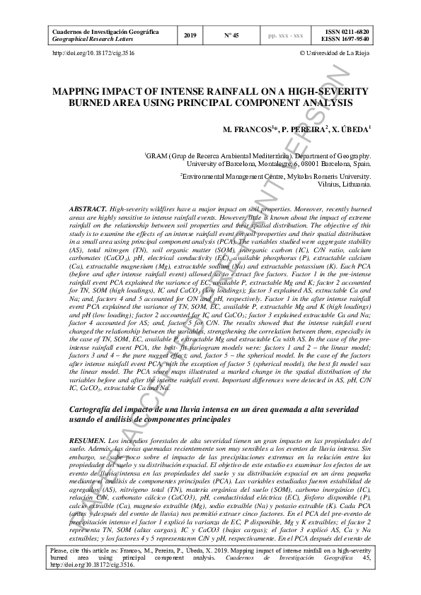 (PDF) Mapping impact of intense rainfall on a high-severity burned area using principal ...