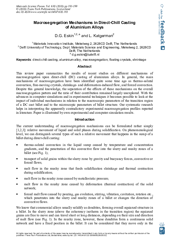 (PDF) Macrosegregation mechanisms in direct-chill casting of aluminium alloys