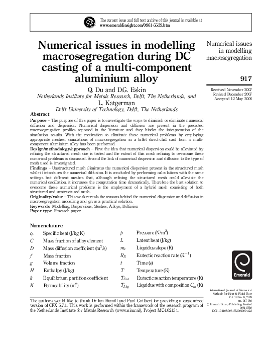 (PDF) Numerical issues in modelling macrosegregation during DC casting of a multi-component ...