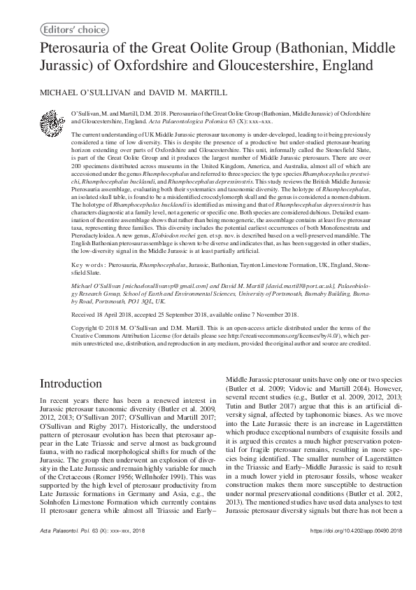 (PDF) Pterosauria of the Great Oolite Group (Middle Jurassic, Bathonian ...