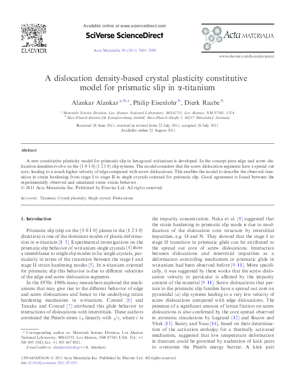 (PDF) A dislocation density-based crystal plasticity constitutive model for prismatic slip in α ...