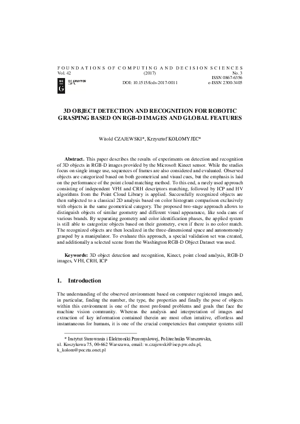 Pdf 3d Object Detection And Recognition For Robotic Grasping Based On Rgb D Images And Global