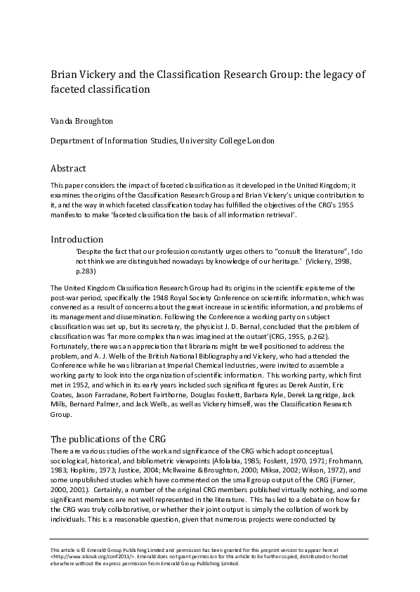 (PDF) Brian Vickery and the Classification Research Group: the legacy ...