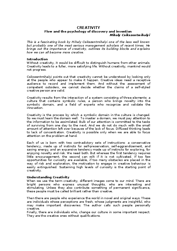 (DOC) Creativity: Flow and the psychology of discovery and invention