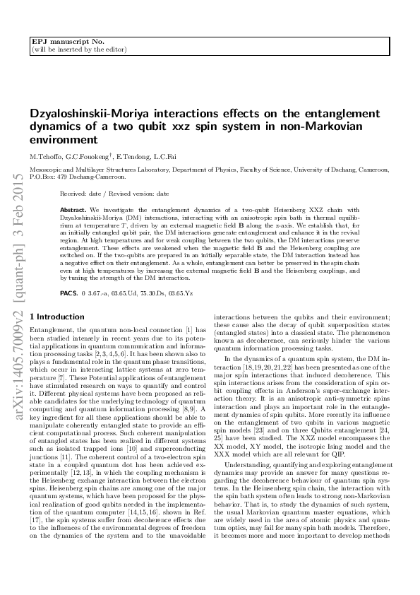 (PDF) Dzyaloshinskii-Moriya interactions effects on the entanglement dynamics of a two qubit xxz ...