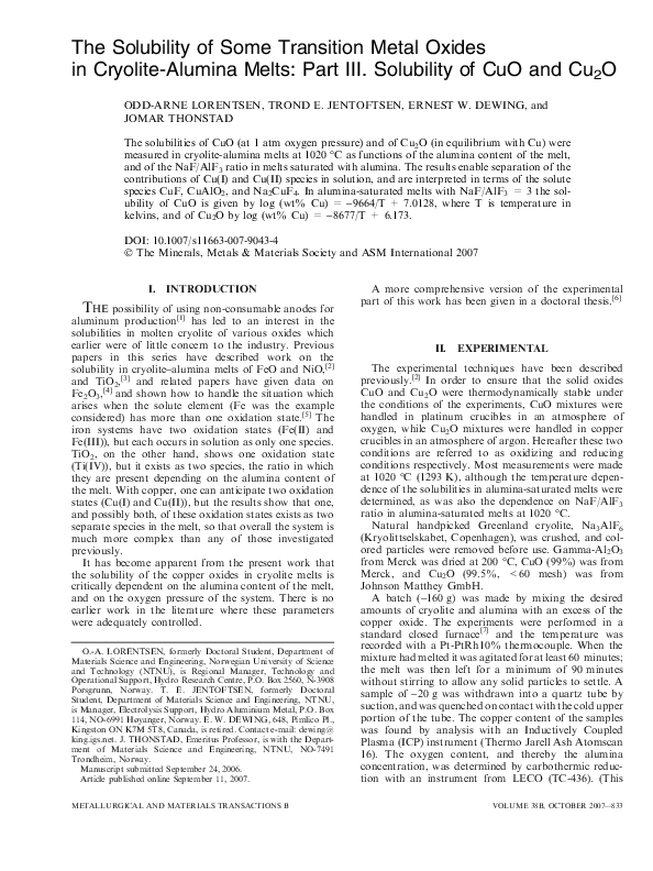 (PDF) The Solubility of Some Transition Metal Oxides in Cryolite ...