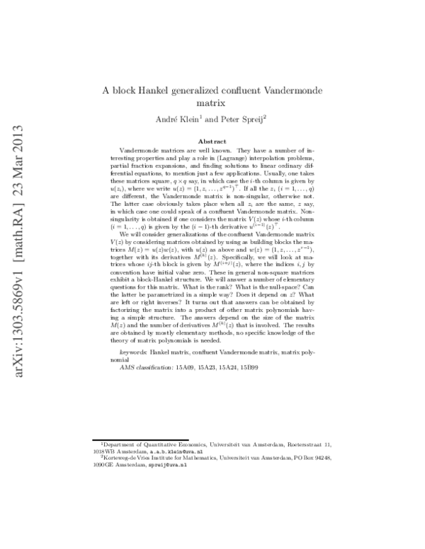 (PDF) A block Hankel generalized confluent Vandermonde matrix