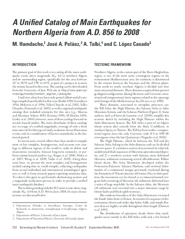 (PDF) A Unified Catalog of Main Earthquakes for Northern Algeria from A.D. 856 to 2008