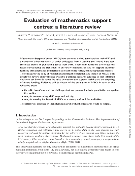 (PDF) Evaluation of mathematics support centres: a literature review