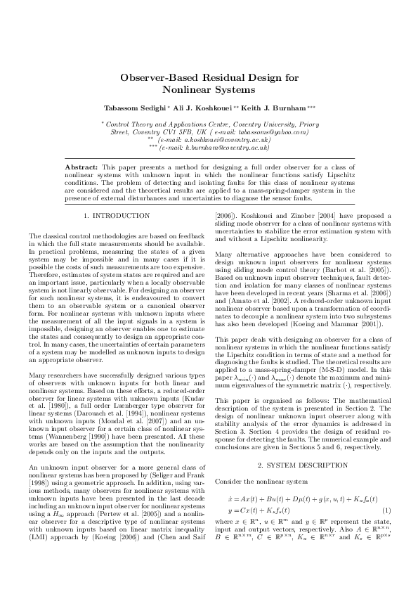 (PDF) Observer-Based Residual Design for Nonlinear Systems