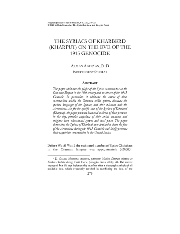 (PDF) The Syriacs of Kharberd (Kharput) on the eve of the 1915 Genocide