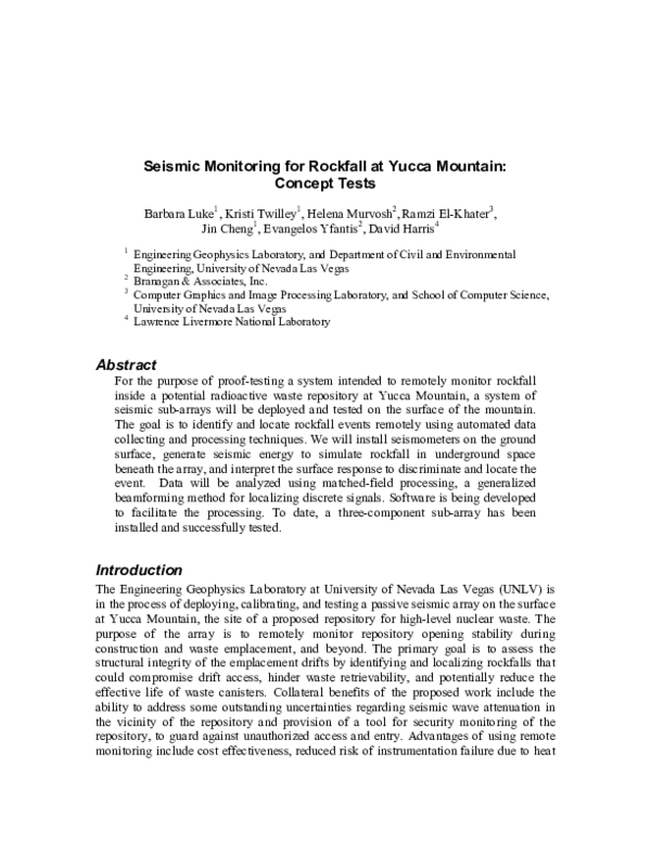 (PDF) Seismic Monitoring for Rockfall at Yucca Mountain: Concept Tests ...