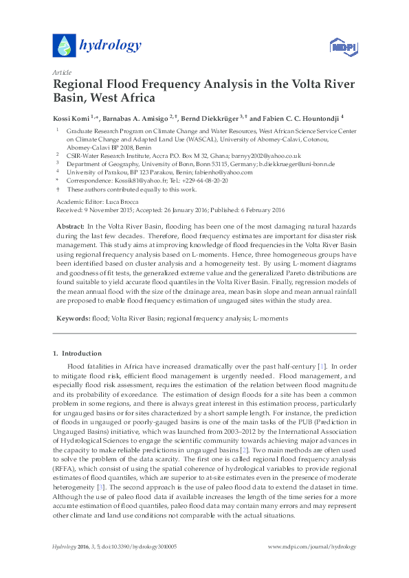 (PDF) Regional Flood Frequency Analysis in the Volta River Basin, West Africa