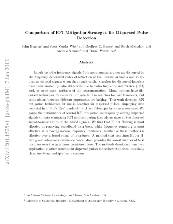 (PDF) Comparison of RFI Mitigation Strategies for Dispersed Pulse Detection