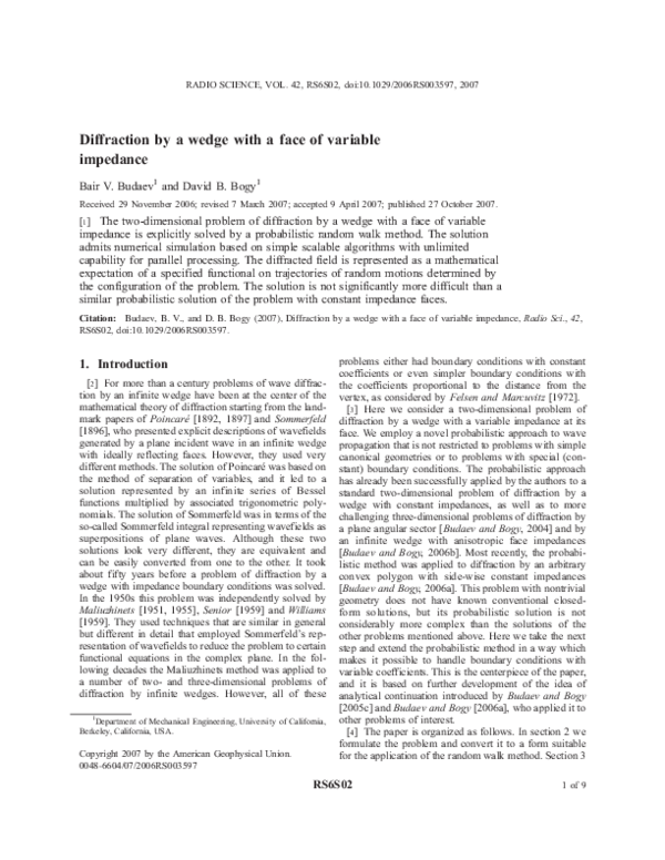 Pdf Diffraction By A Wedge With A Face Of Variable Impedance