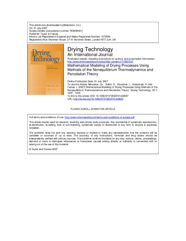 (PDF) Mathematical Modeling of Drying Processes Using Methods of the Nonequilibrium ...