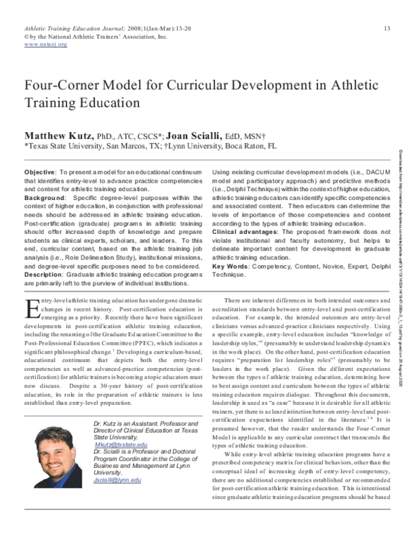 (PDF) Four-Corner Model for Curricular Development in Athletic Training ...