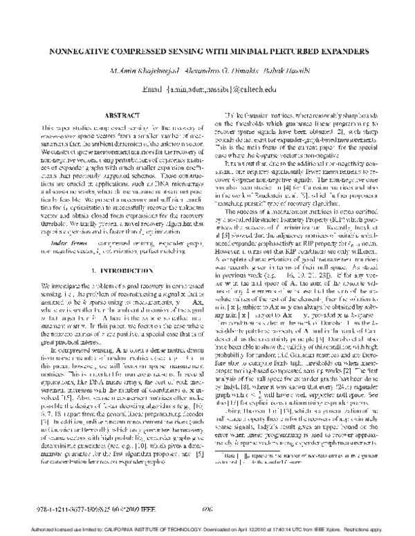 Pdf Nonnegative Compressed Sensing With Minimal Perturbed Expanders