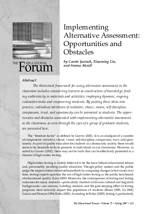 (PDF) Implementing Alternative Assessment: Opportunities and Obstacles
