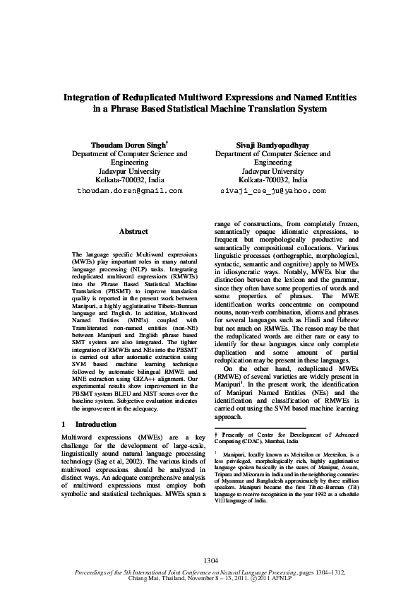 Integration Of Reduplicated Multiword Expressions And Named Entities In A Phrase Based