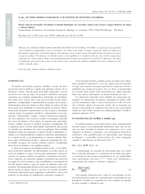 (PDF) The pKa of acid-base indicators and the influence of colloidal ...