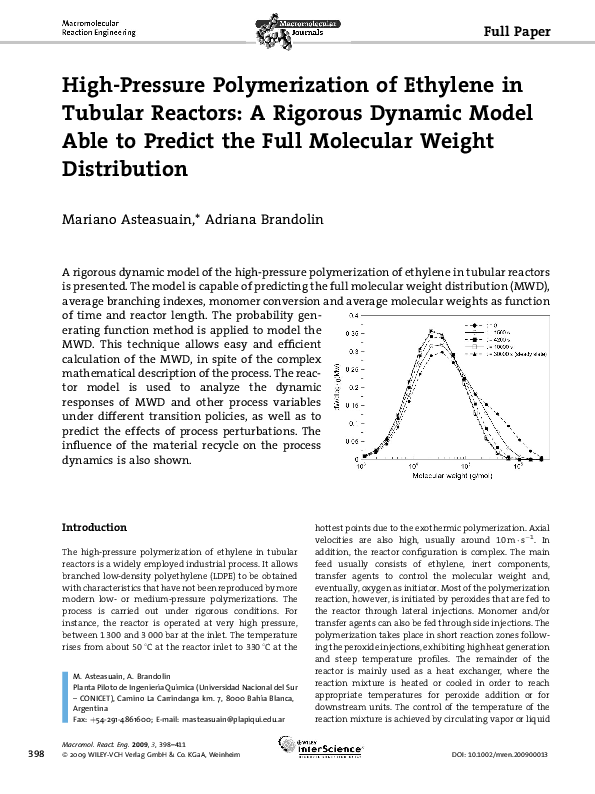 Pdf High Pressure Polymerization Of Ethylene In Tubular Reactors A Rigorous Dynamic Model