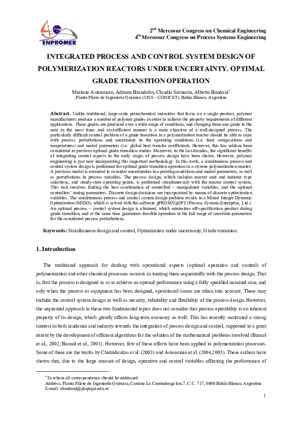 (PDF) Integrated Process and Control System Design of Polymerization Reactors Under Uncertainty ...