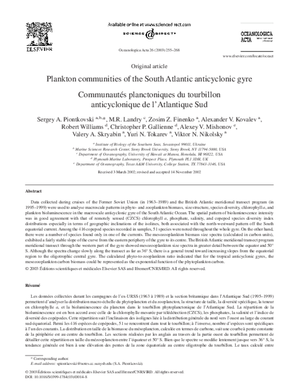 (PDF) Plankton Communities of The Macroscale Anticyclonic Gyre of The ...
