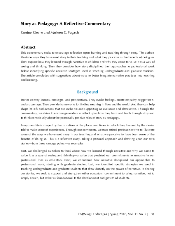(PDF) Story as Pedagogy: A Reflective Commentary