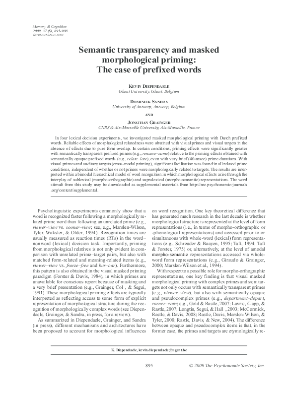 Pdf Semantic Transparency And Masked Morphological Priming The Case Of Prefixed Words