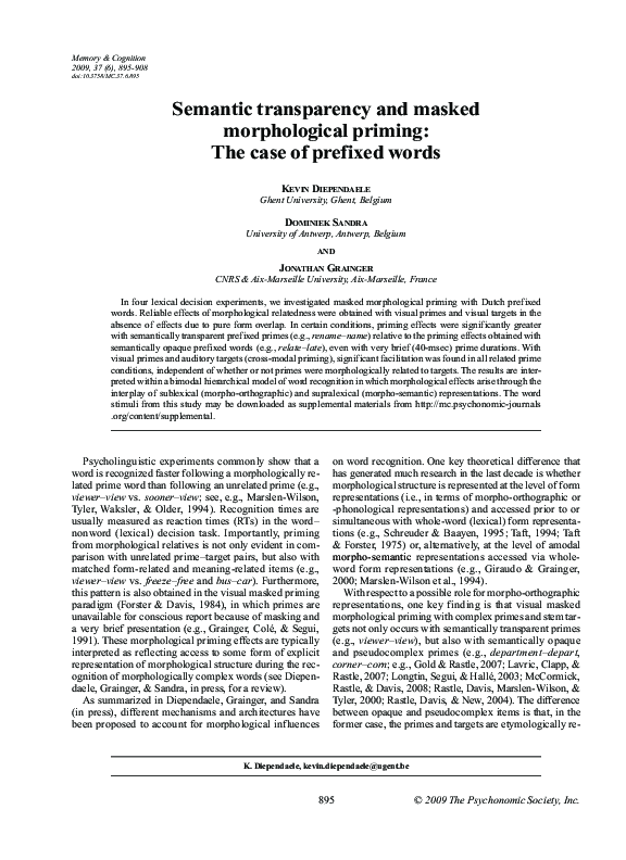 (PDF) Semantic transparency and masked morphological priming: The case of prefixed words ...