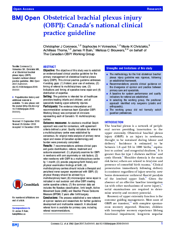 (PDF) Obstetrical brachial plexus injury (OBPI): Canada's national ...