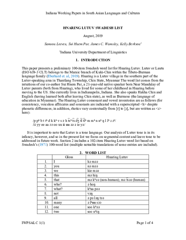 (PDF) Hnaring Lutuv Swadesh list